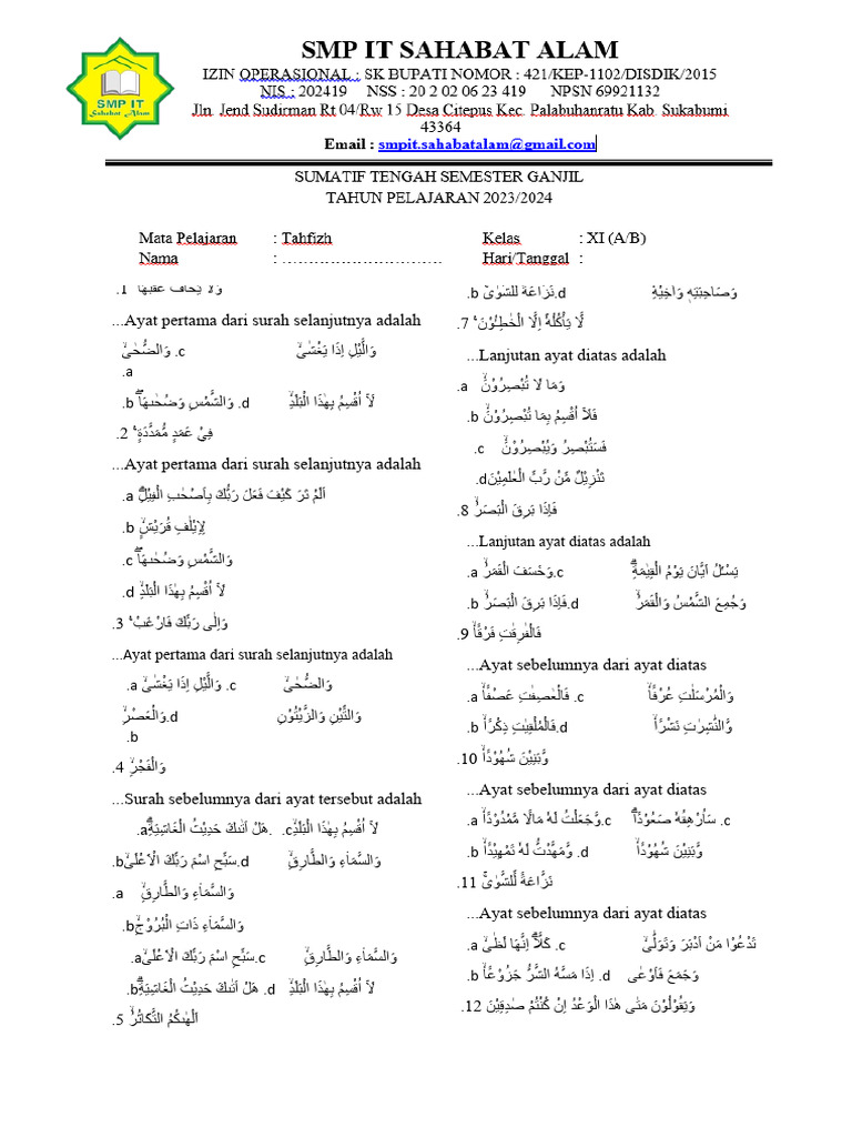 SOAL TAHFIZH KELAS 9 3 Orang | PDF