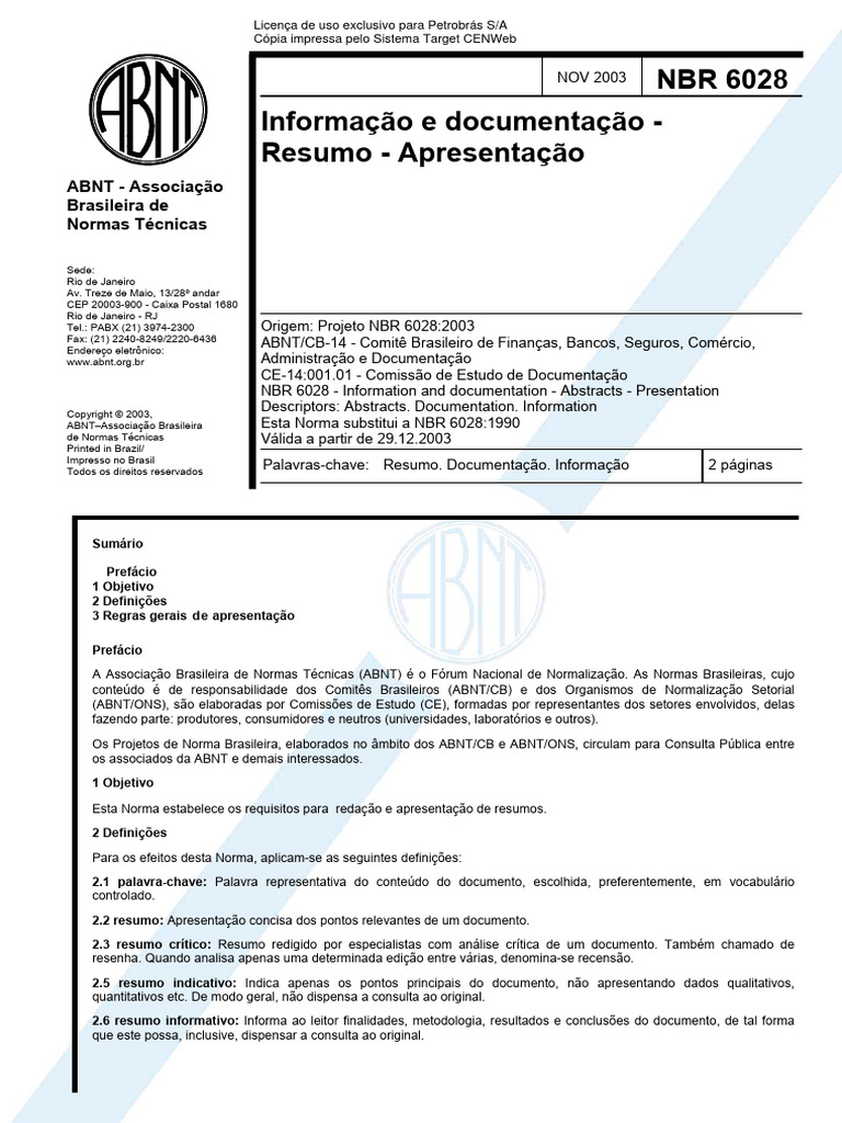 Abnt NBR 6028 - Resumos | PDF | Abstract (resumo)
