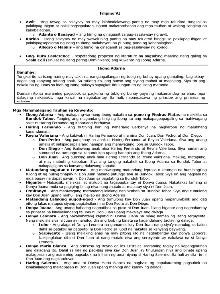 Filipino VI (Awit at Korido Ibong Adarna) | PDF