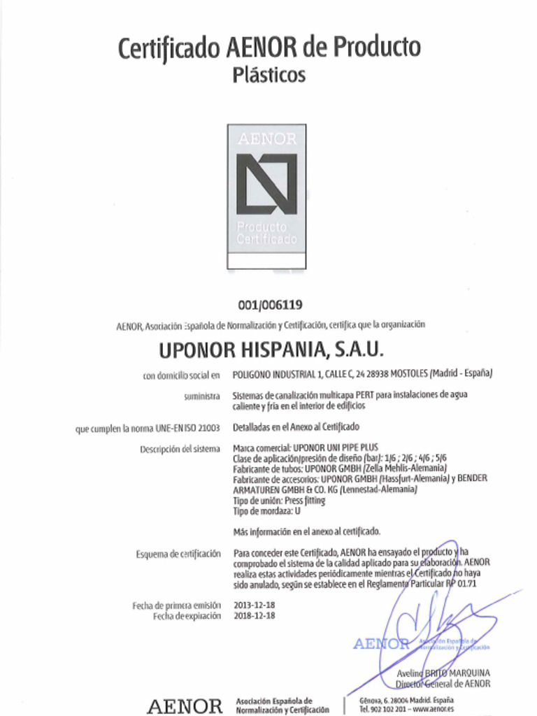 AENOR Uponor Uni Pipe PLUS System Alemania | PDF