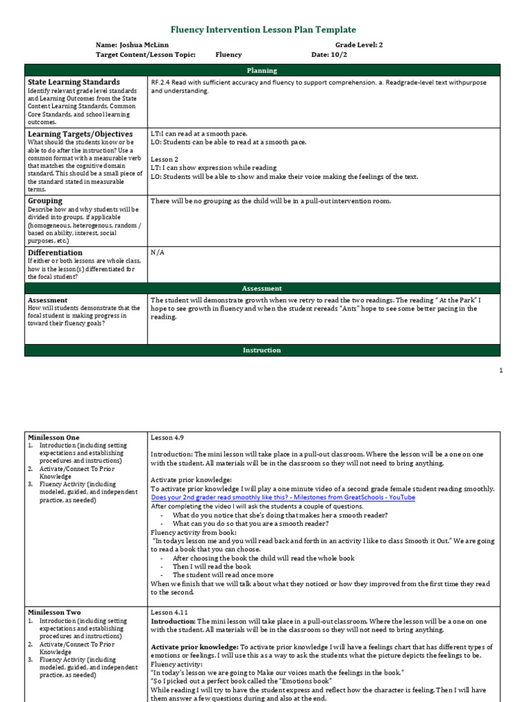 Assessing and Teaching Fluency Mini Lesson Template 1 - Merged | PDF ...