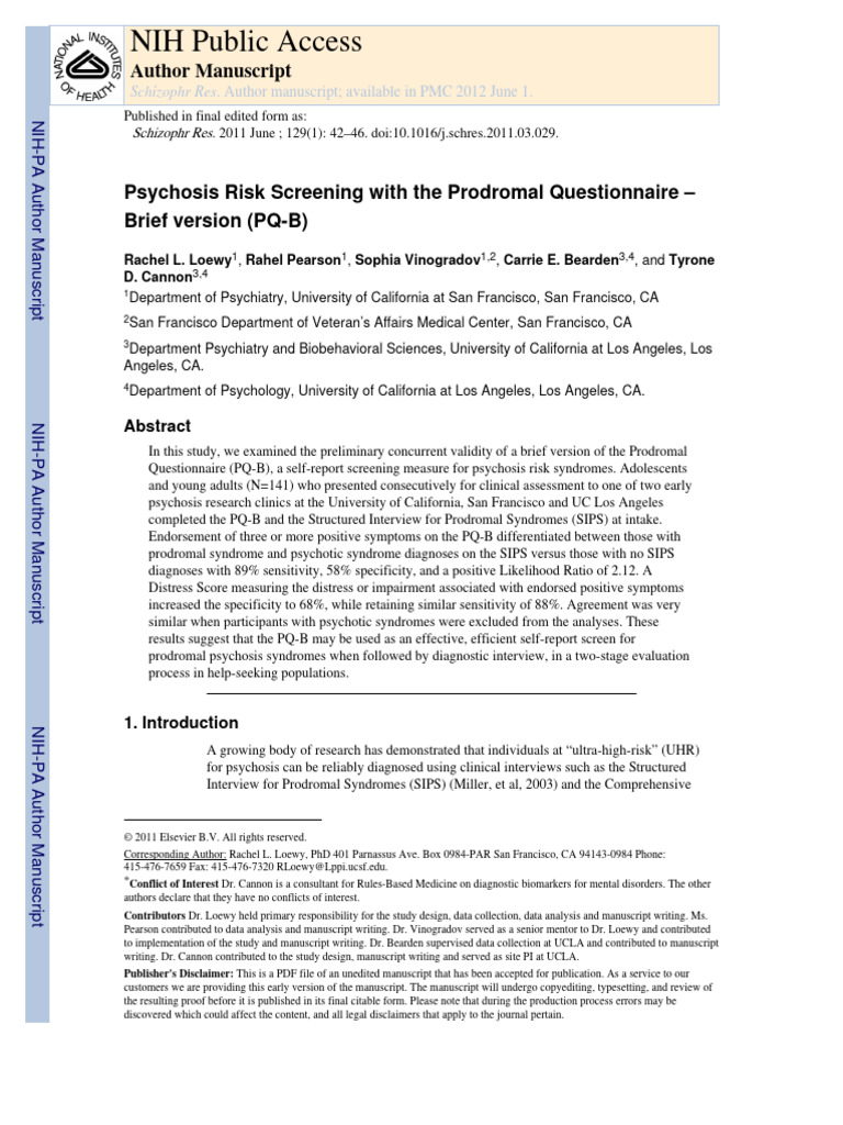 Psychosis Risk Screening With the Prodromal Questionnaire | PDF ...