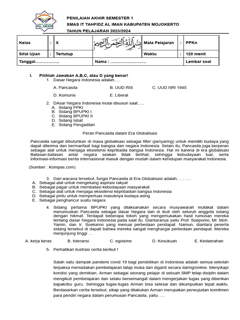 PAS PPKN X 20232024 | PDF | Ilmu Sosial | Kesehatan Holistik