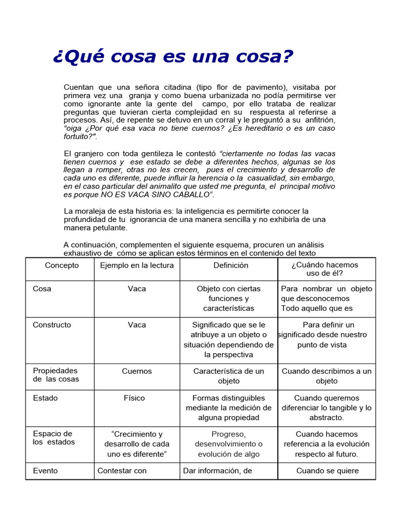 ¿Qué es una cosa? Análisis y Moraleja | PDF | Información | Concepto