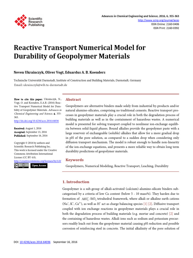 Reactive Transport Numerical Model for Durability | PDF | Diffusion | Differential Equations