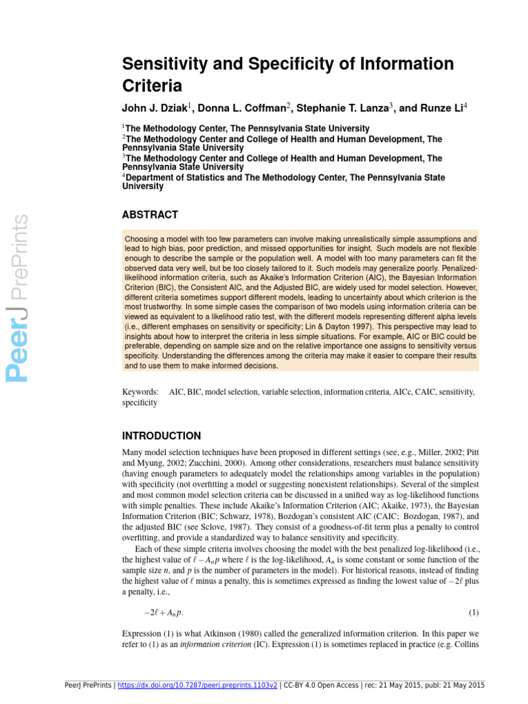Prob Sensitivity And Specificity Of Information Criteri Pdf Akaike 