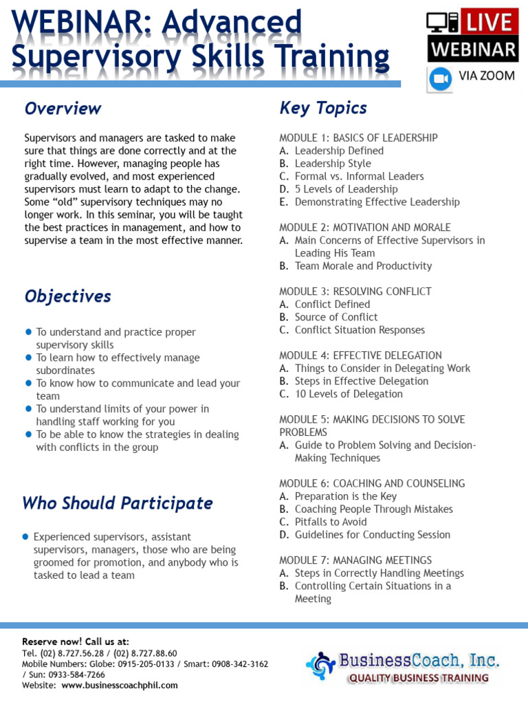 Webinar Advanced Supervisory Skills Training | PDF | Leadership ...