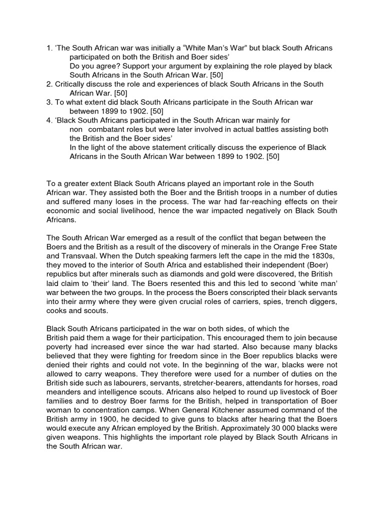 The Role of Black South Africans in SA WAR 1899-1902 | PDF | Second Boer War | South Africa