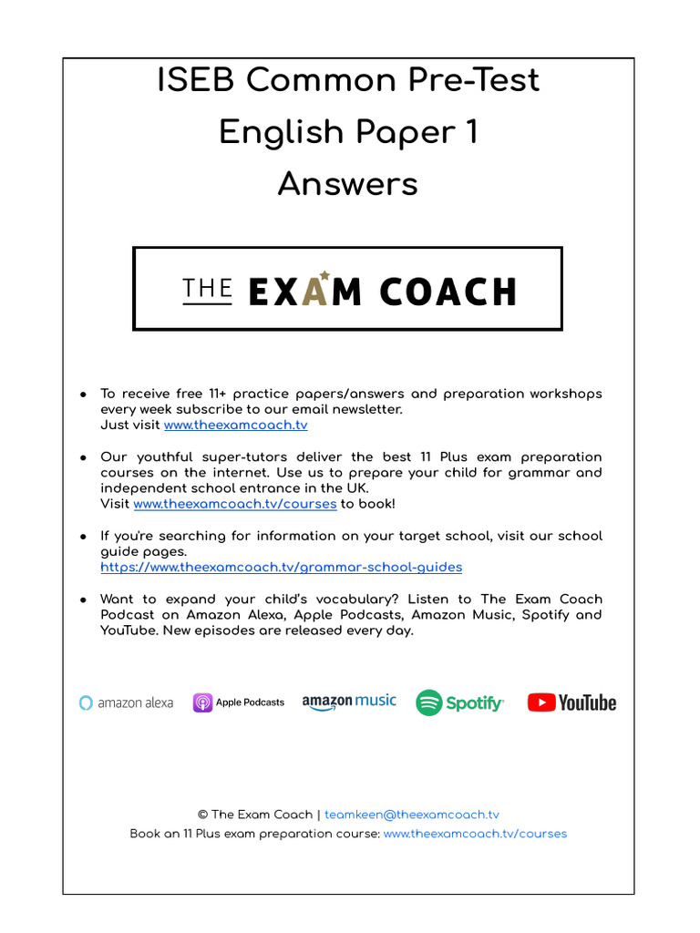 The Exam Coach 11 ISEB Common Pre-Test English Paper 1 Answers | PDF ...