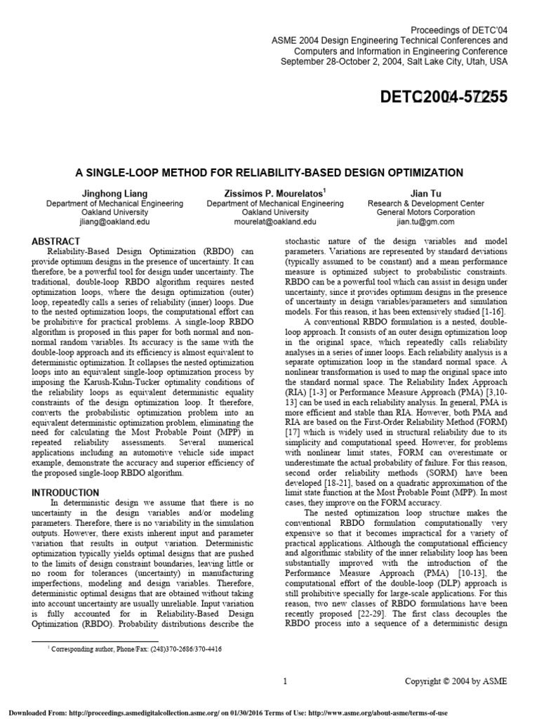 (2004) A Single-Loop Method For Reliability Based Design Optimization ... (2004) A Single-Loop Method For Reliability Based Design Optimization ...