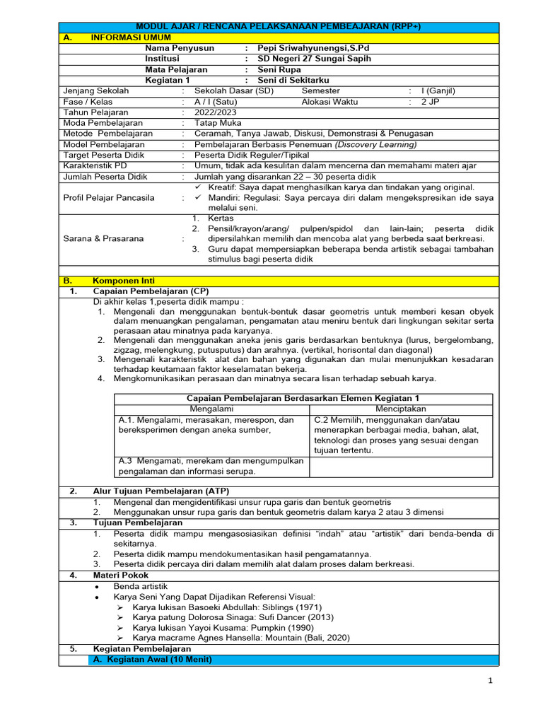 RPP Seni Rupa KLS I SMS 1 | PDF | Seni