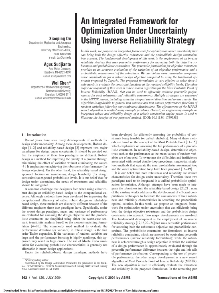 (2004) An Integrated Framework for Optimization Under Uncertainty Using Inverse Reliability ...