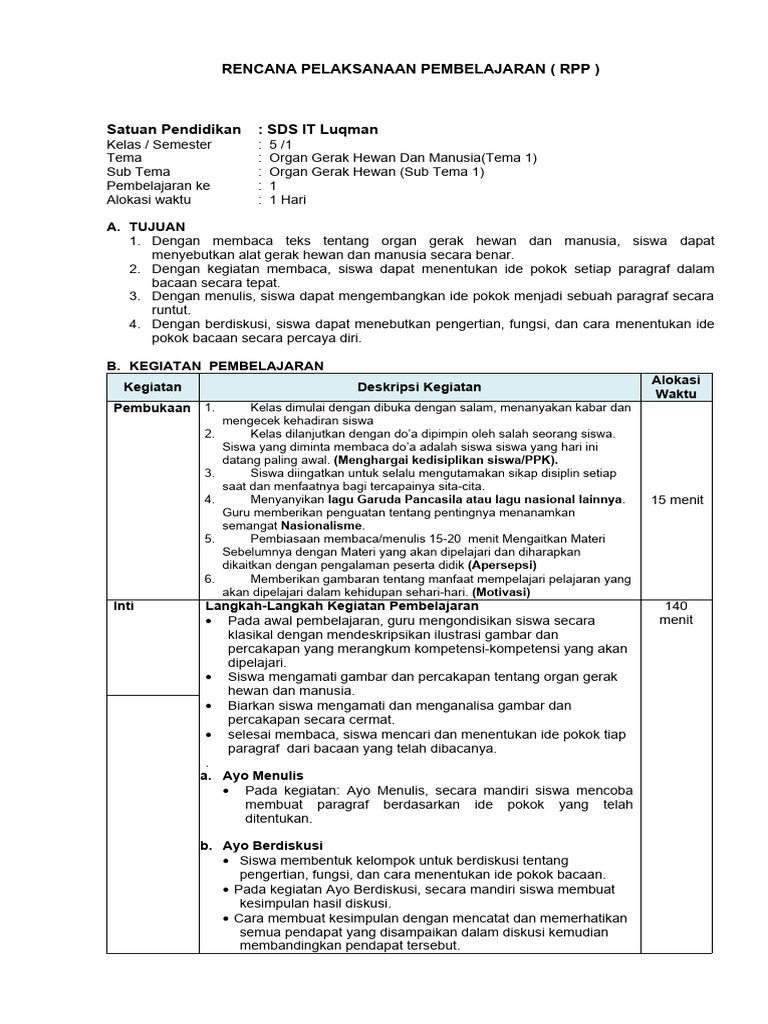 RPP 1 Lembar Kelas 5 Tema 1 | PDF