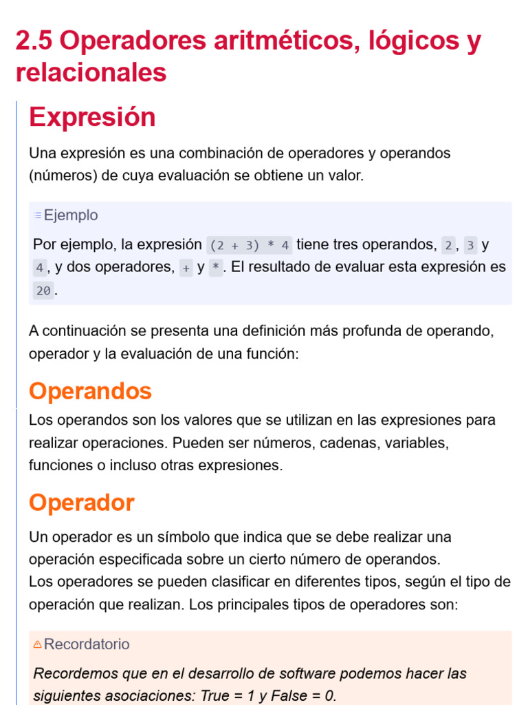 2.5 Operadores Aritméticos, Lógicos y Relacionales | PDF | Operador ...
