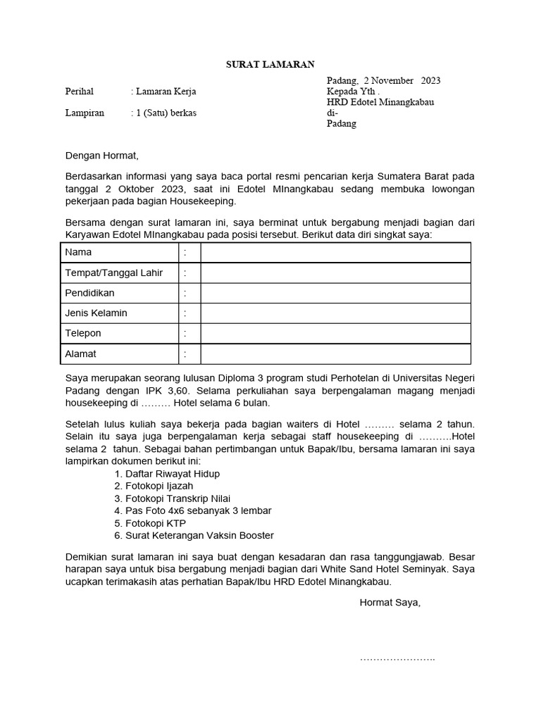 Contoh Surat Lamaran Kerja Housekeeping Hotel | PDF