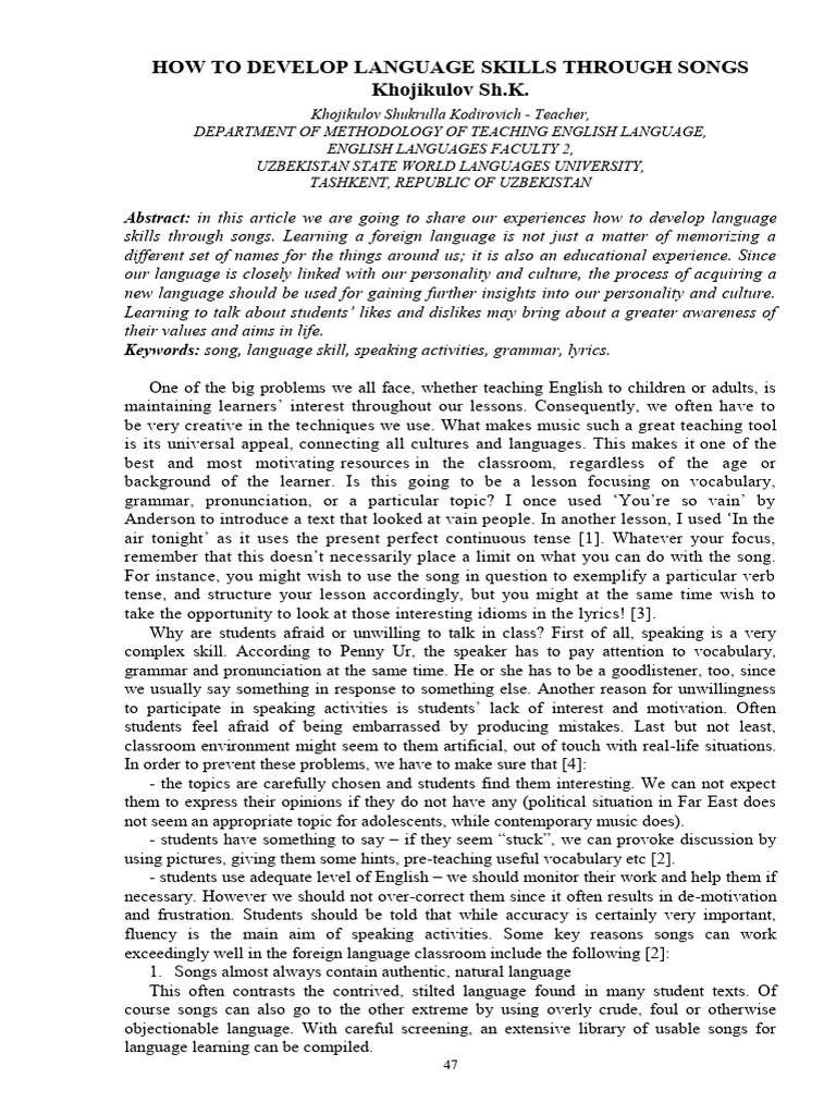 How To Develop Language Skills Through Songs | PDF | Learning | English ...