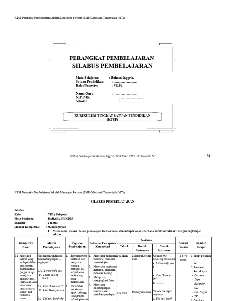 Silabus. Bahasa Inggris SMP-MTs Kelas 8 | PDF