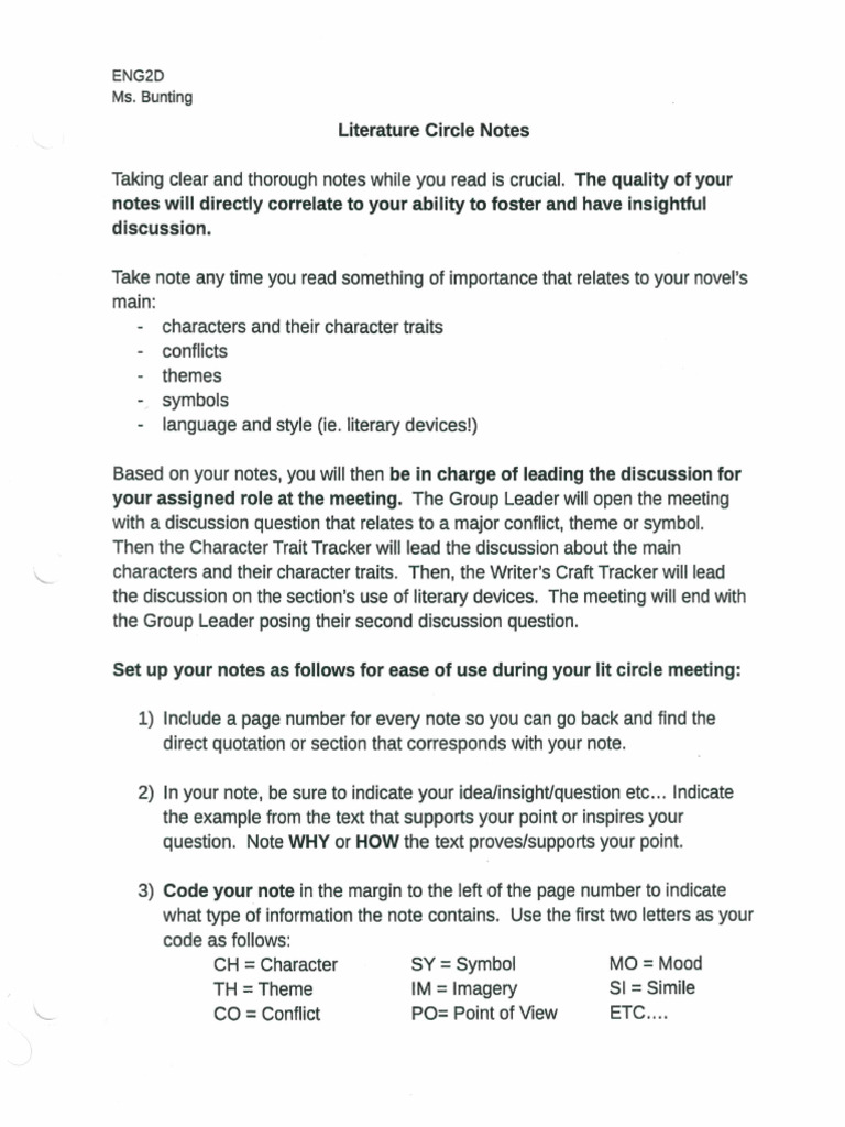 Lit Circle Notes Handout With EXEMPLAR | PDF