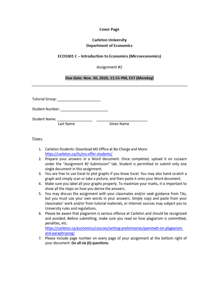 2020F Assignment #2 (Cover Page) - 2 | PDF | Marginal Cost | Taxes