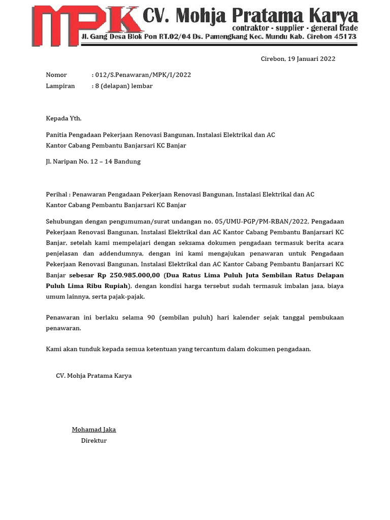 Surat Penawaran Renovasi BJB BJSR | PDF | Bisnis