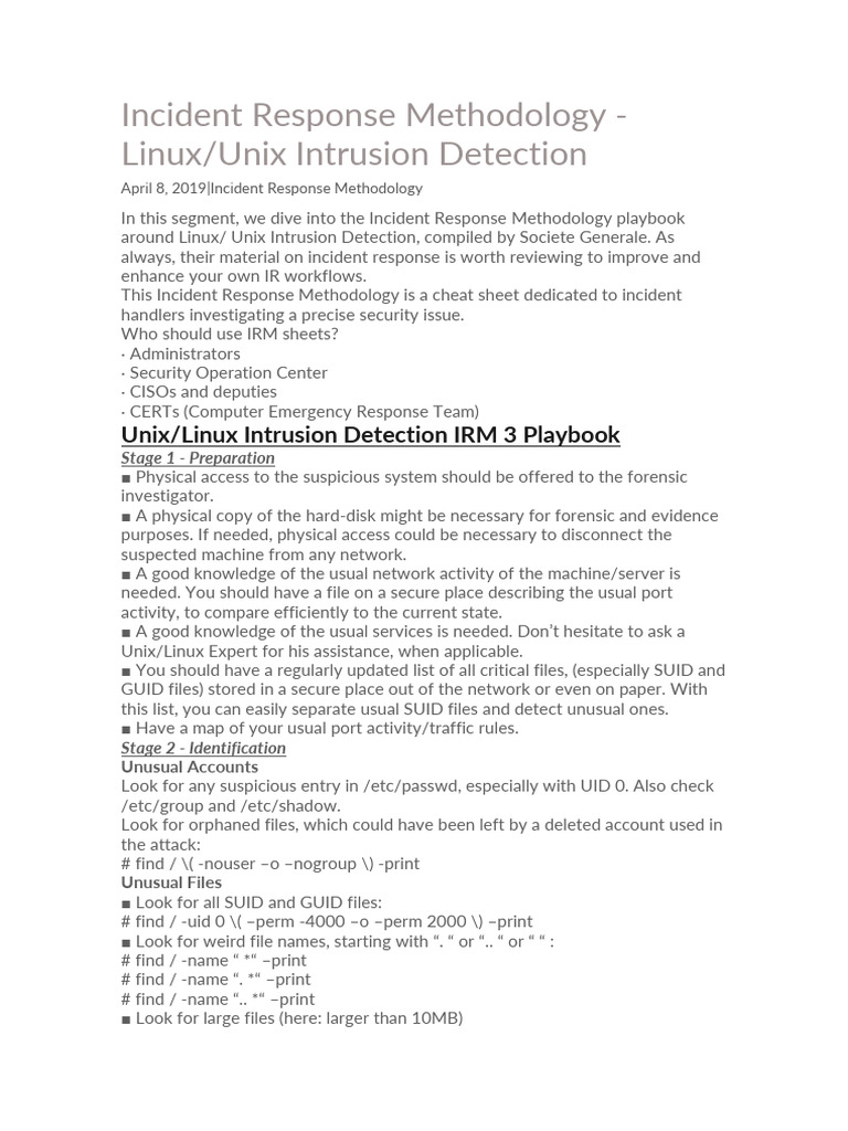 Incident Response Methodology - Linux - Unix Intrusion Detection | PDF | Password | Computer File