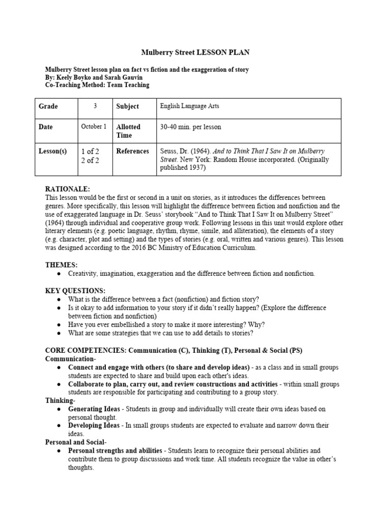 Lesson Plan- Fiction vs. Nonfiction- Sarah and Keely | PDF | Thought ...