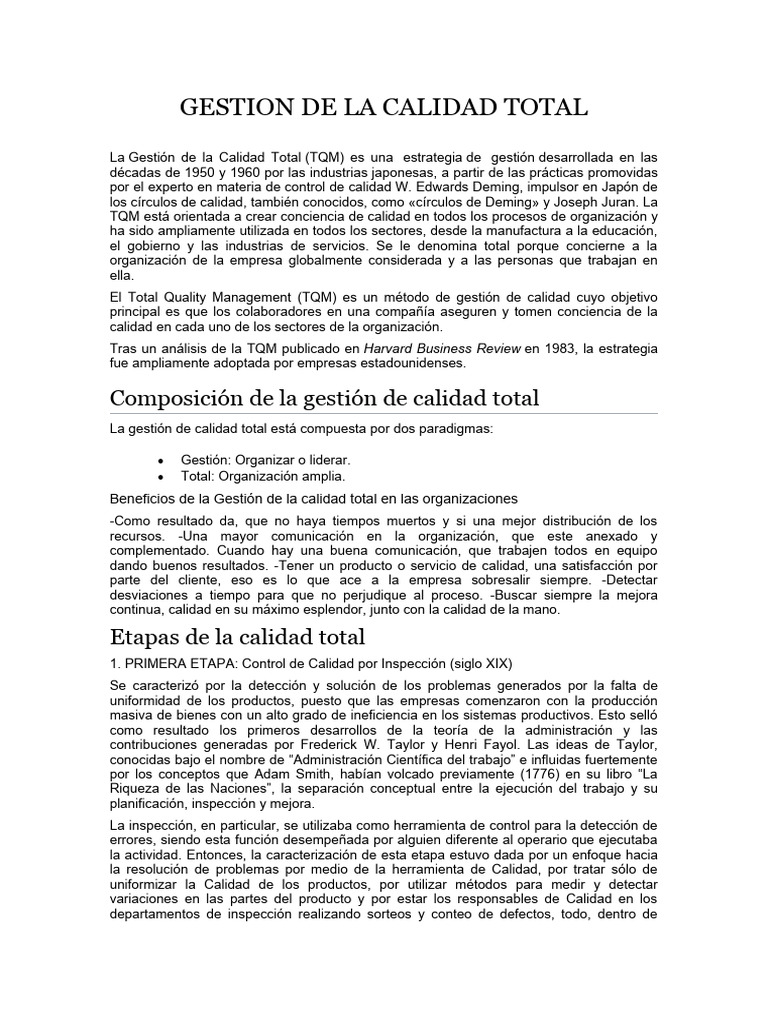 Gestión de la Calidad Total: TQM | PDF | Calidad (comercial) | Gestión ...