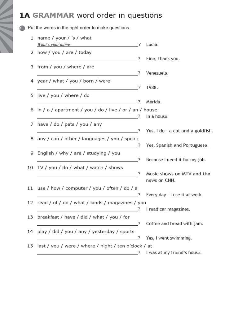 1A GRAMMAR Word Order in Questions | PDF | Language Arts & Discipline ...