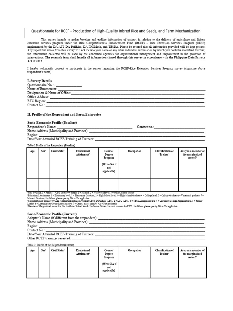 Questionnaire For RCEF TOT Inbred Seed 2 | PDF | Agricultural Machinery ...