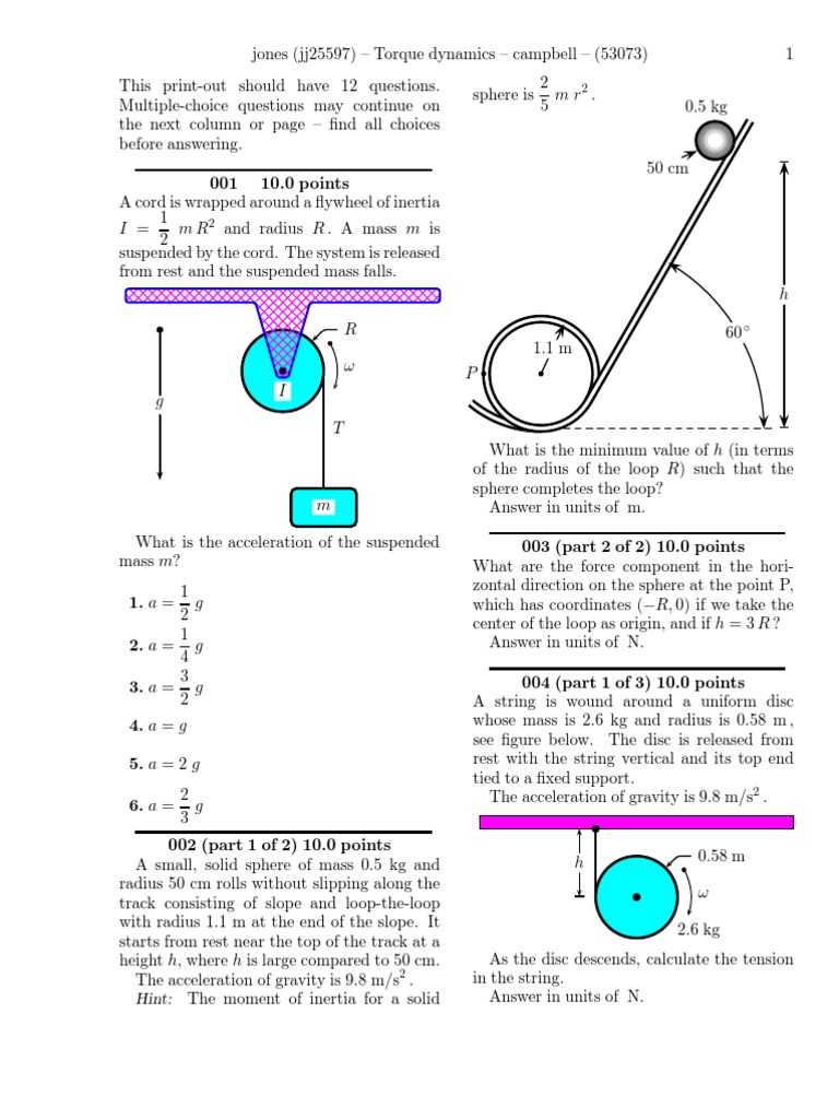 Torque Dynamics Problems Pdf Center Of Mass Inertia