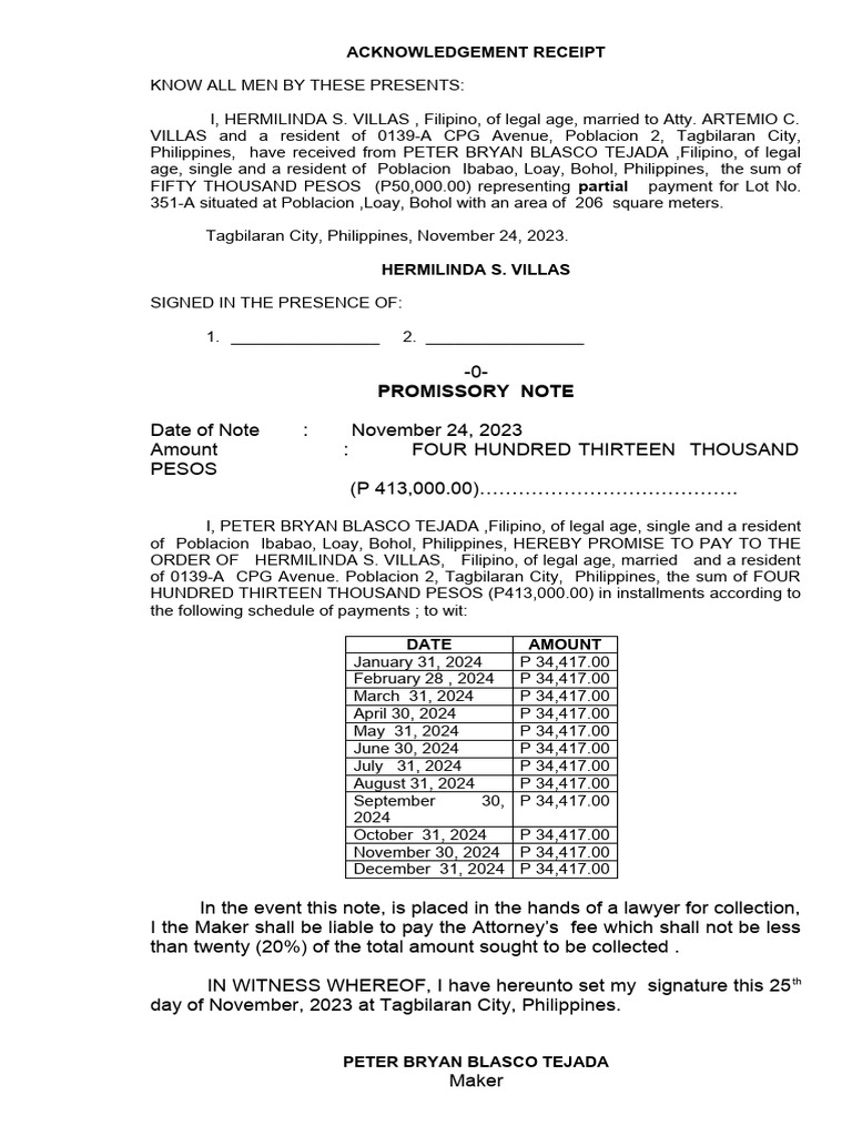 ACKNOWLEDGEMENT RECEIPT and PROMISSORY NOTE | PDF | Money | Service ...