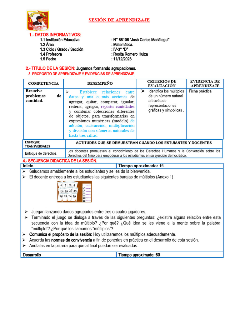 Semana 37 Sesion Día 1 Matematica | PDF | Maestros | Aprendizaje