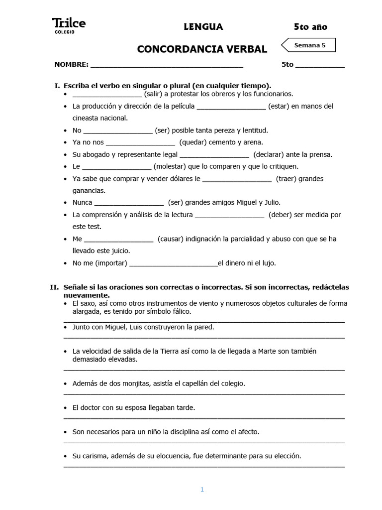 5° Lengua - Concordancia Verbal | PDF | Verbo