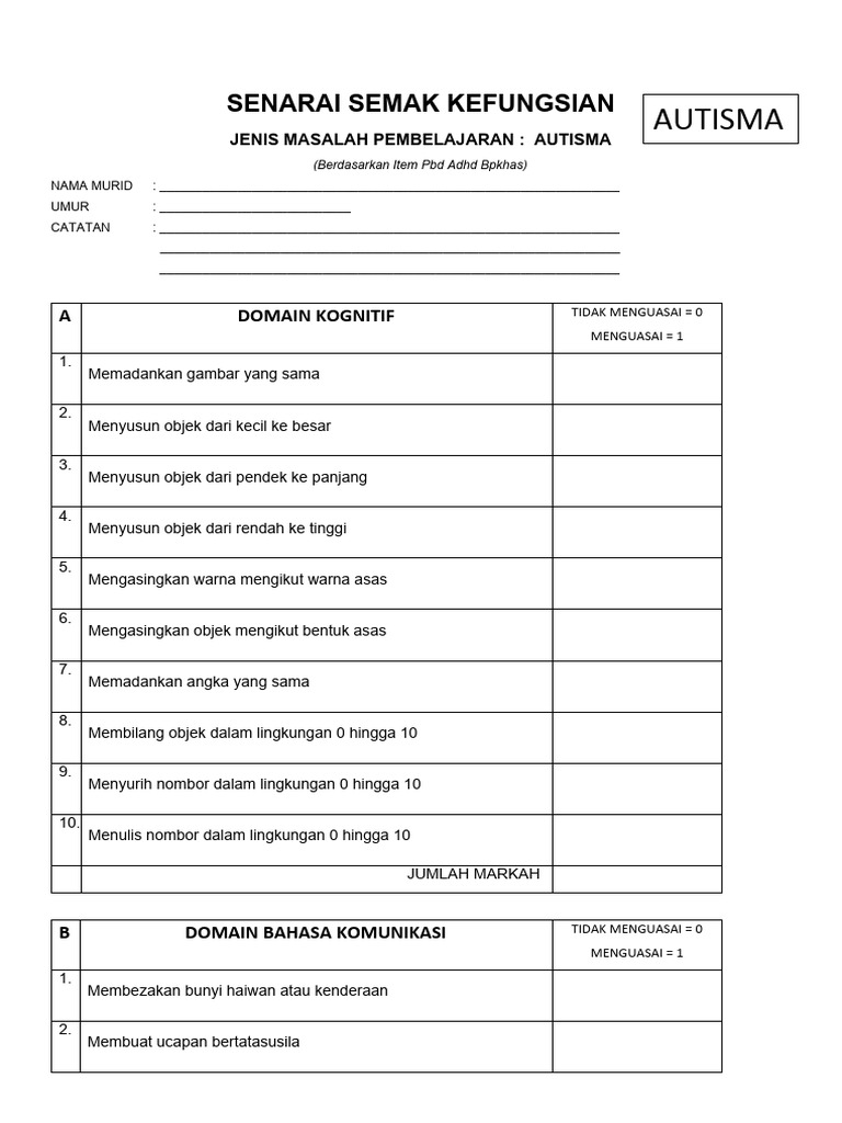 Senarai Semak Asas Autism Untuk Rpi | PDF