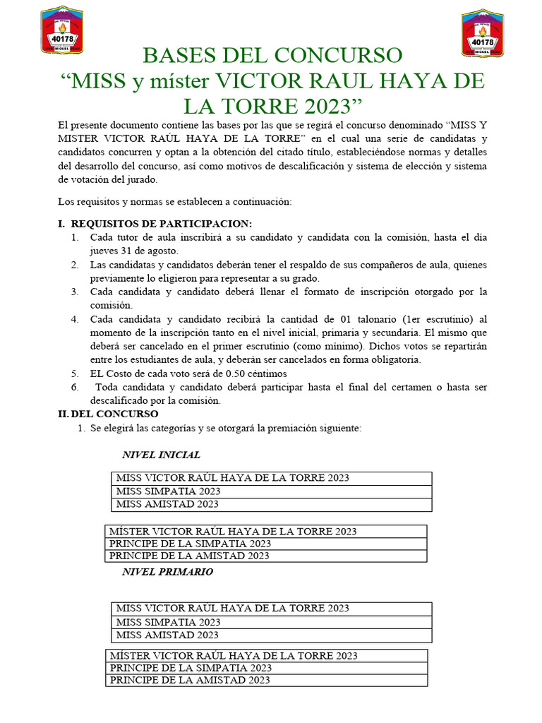 BASES DEL CONCURSO REINADO VICTOR RAUL HAYA DE LA TORRE | PDF | Elecciones