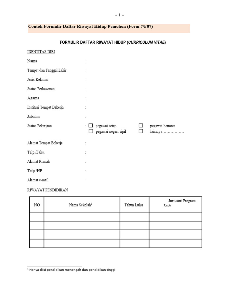 Contoh Formulir Daftar Riwayat Hidup Pemohon (Form 7 F07) | PDF
