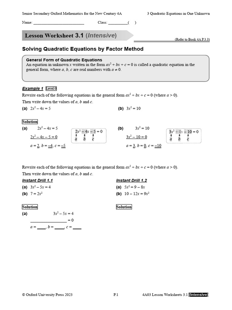 Quadratic Equations: Factorization Methods | PDF | Equations ...