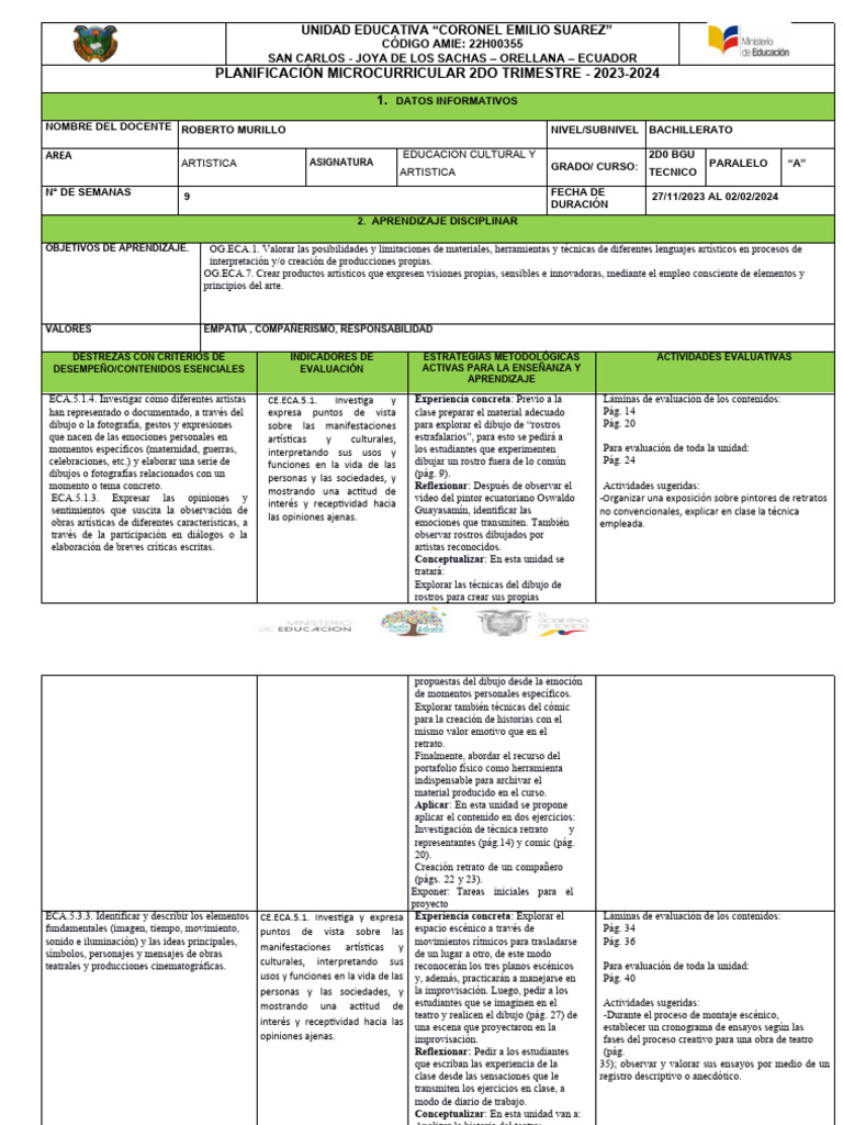 EDUCACION CULTURAL Y ARTISTICA 2D0 BGU Y TEC. | PDF | Evaluación | Teatro EDUCACION CULTURAL Y ARTISTICA 2D0 BGU Y TEC. | PDF | Evaluación | Teatro