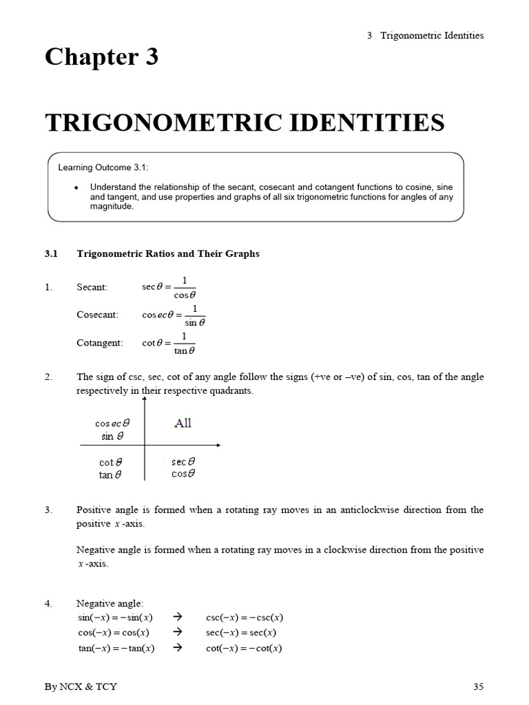 Trigonometric Identities Pdf Trigonometric Functions Mathematical
