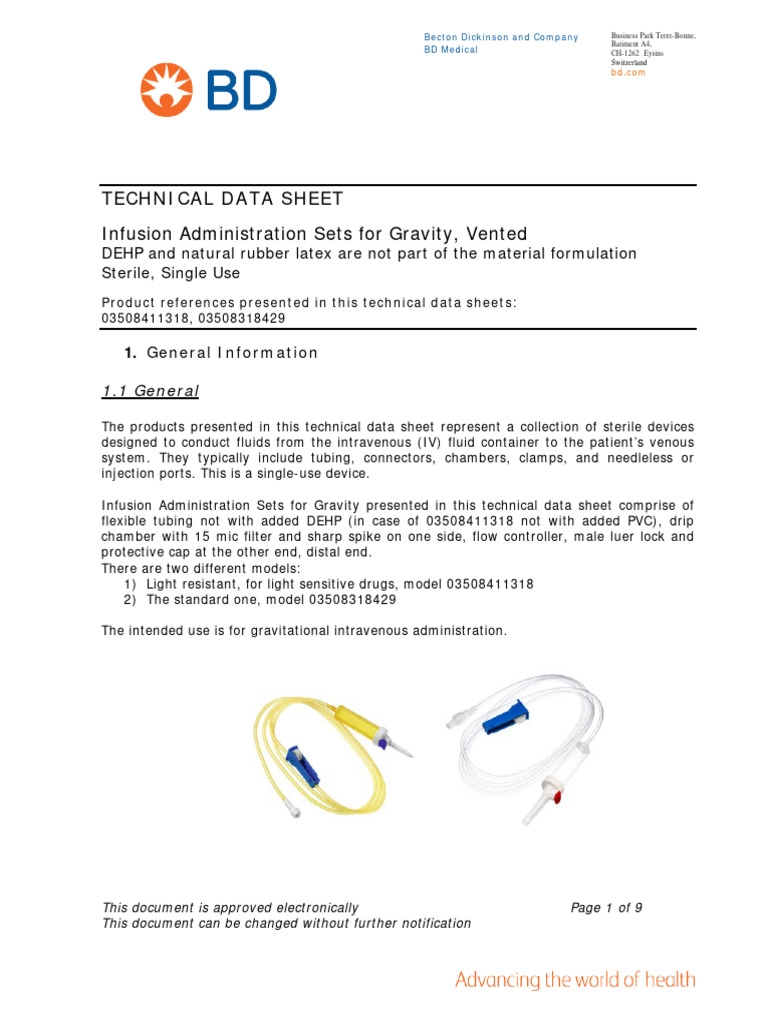 Technical Data Sheet: Infusion Administration Sets For Gravity, Vented ...