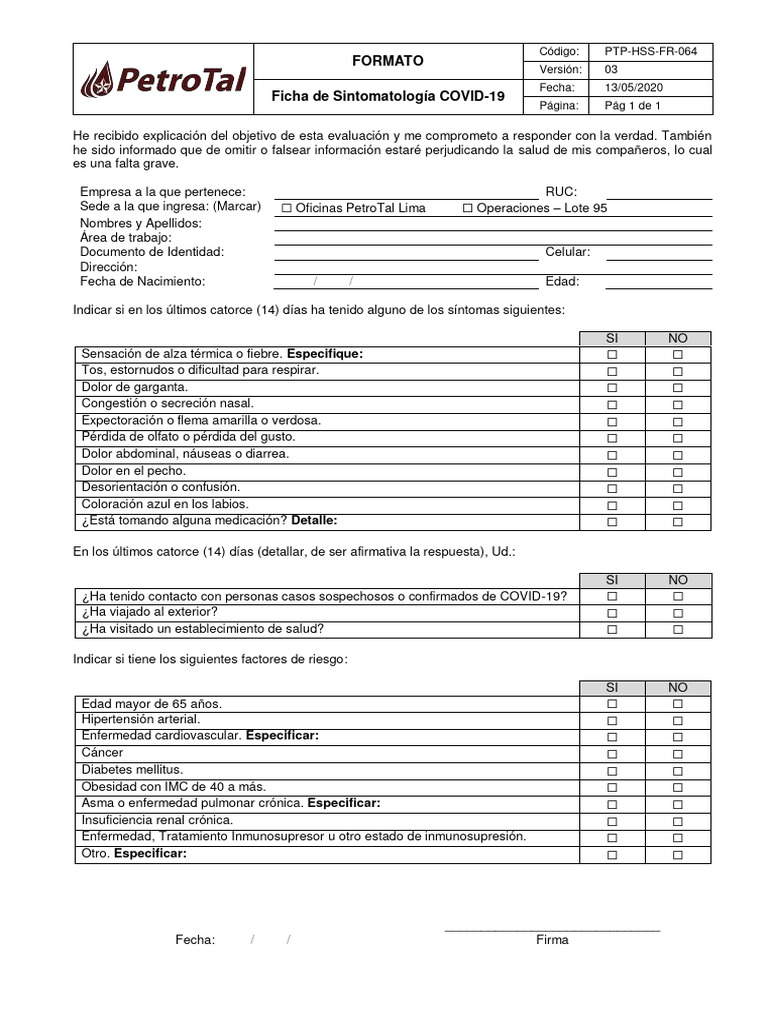 PTP-HSS-FR-064 - FS Petrotal | PDF | Enfermedades y trastornos humanos | Ciencias de la Salud