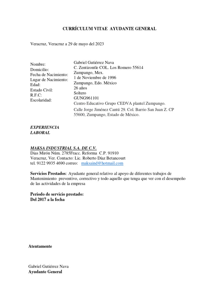 Currículum Vitae Ayudante General | PDF