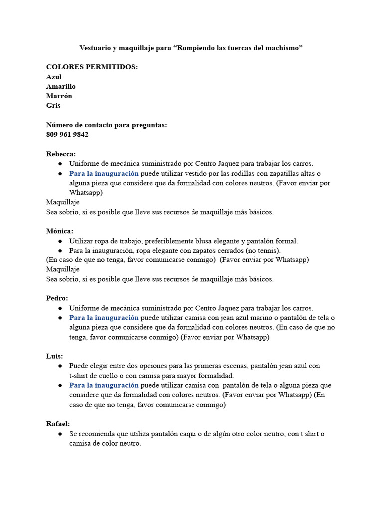 Vestuario y Maquillaje para "Rompiendo Las Tuercas Del Machismo" | PDF ...