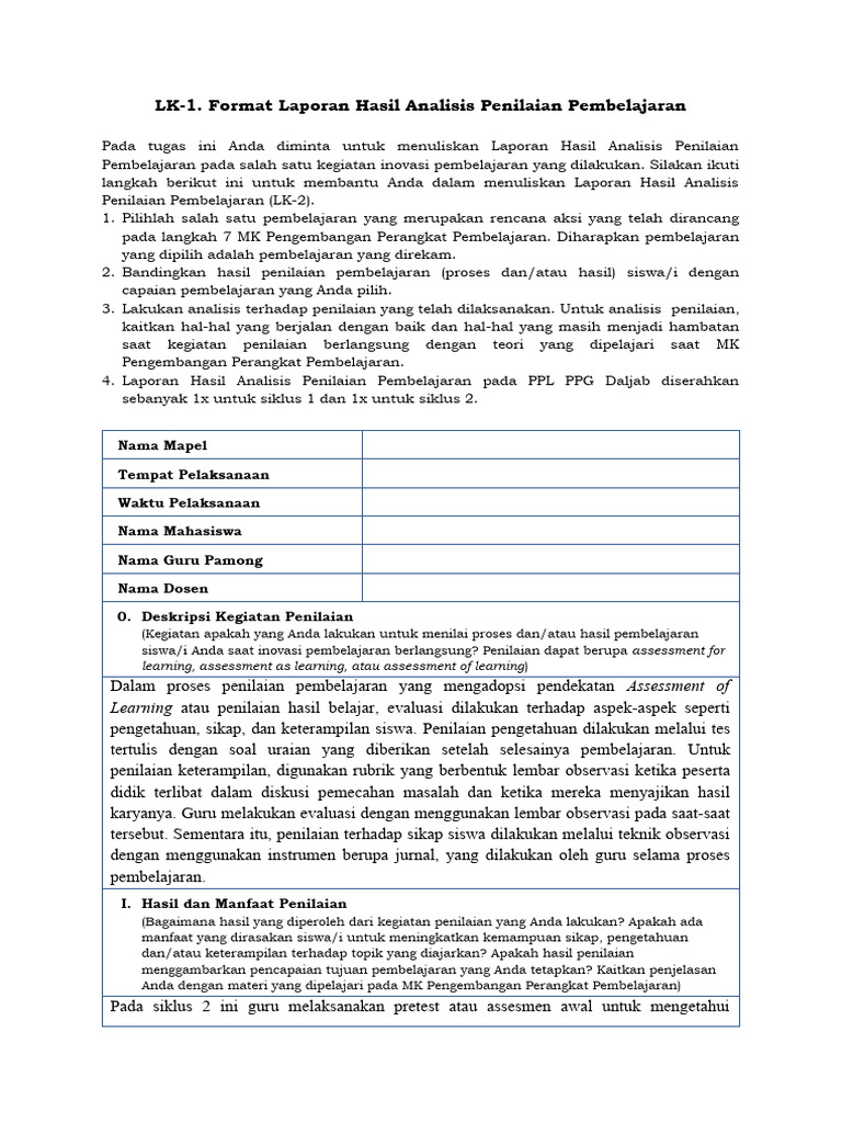 COntoh Format Hasil asesmen pembelajaran | PDF