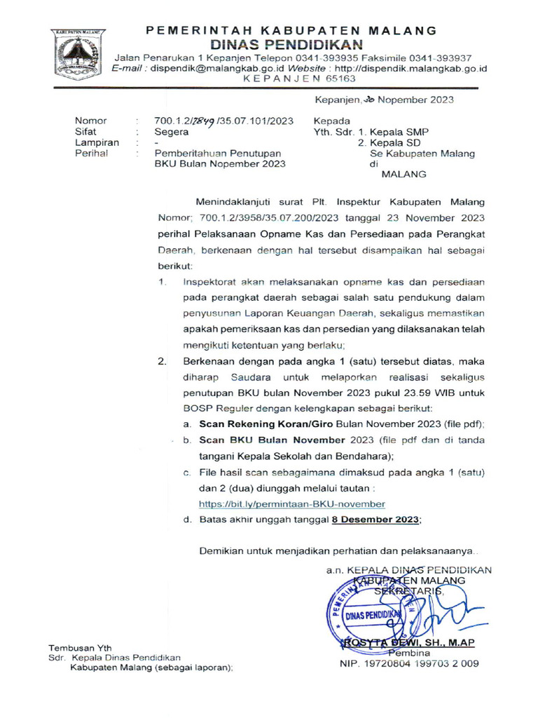 Pemberitahuan Penutupan BKU Nov 2023 | PDF