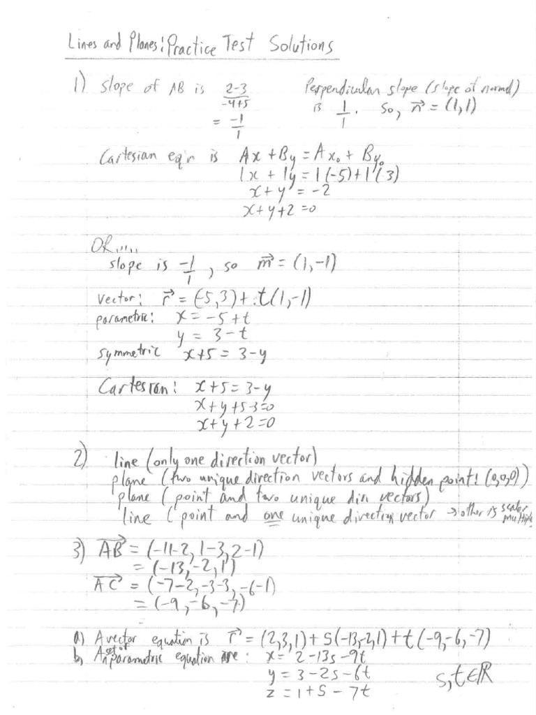 MCV4U - Test Practice Solutions Lines and Planes | PDF