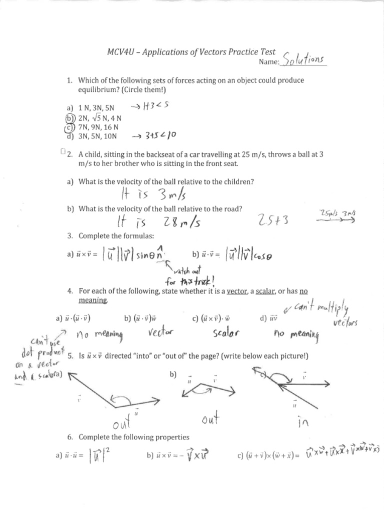 MCV4U – Test Practice Solutions Applications of Vectors | PDF