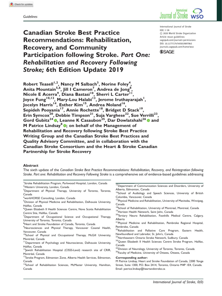 2020 - Canadian Stroke Best Practice Recommendations (Int J Stroke) | PDF | Physical Therapy ...