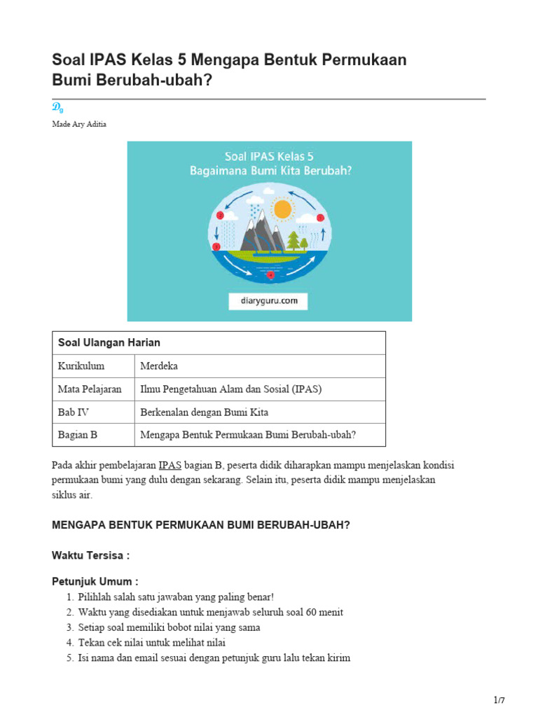 Soal IPAS Kelas 5: Perubahan Bumi dan Siklus Air | PDF