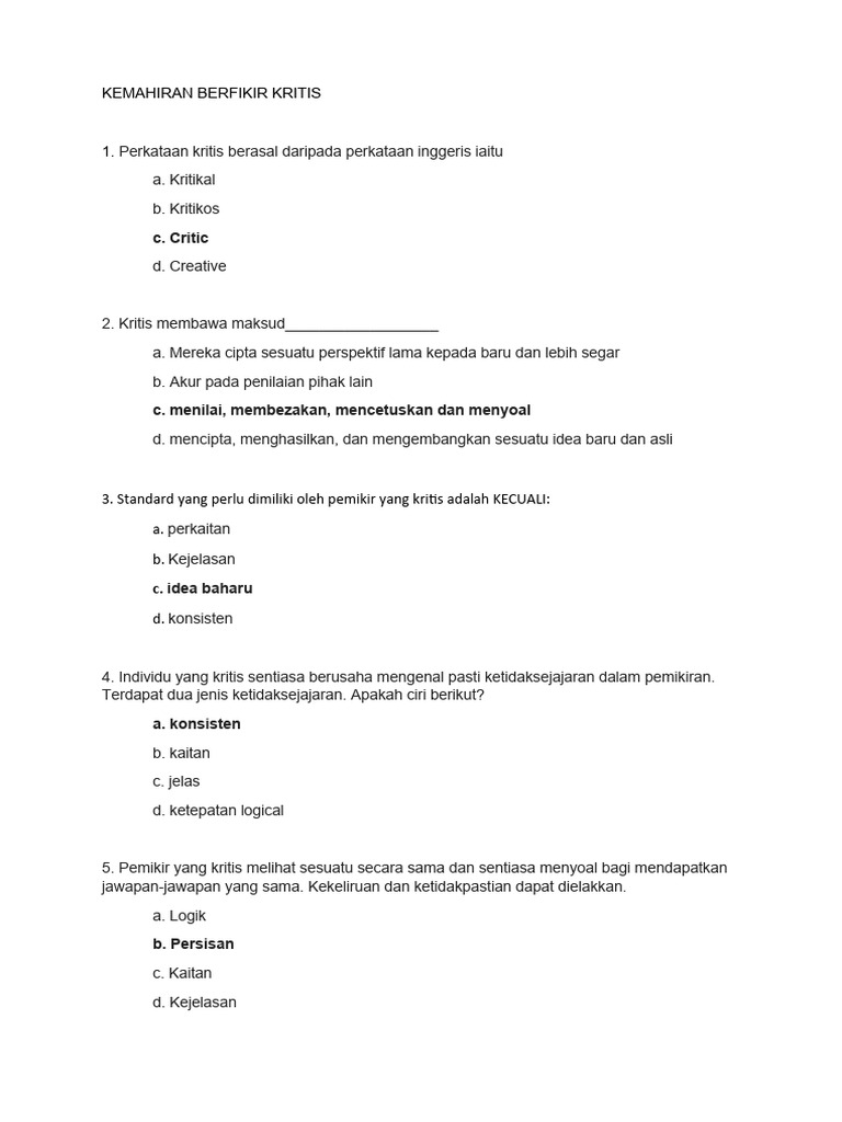 Soalan KEMAHIRAN BERFIKIR KRITIS & Kreatif | PDF
